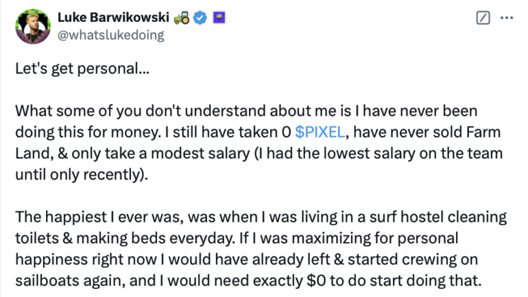 Down to $200 one day, Pixels founder had $2.4M the next: Luke ...